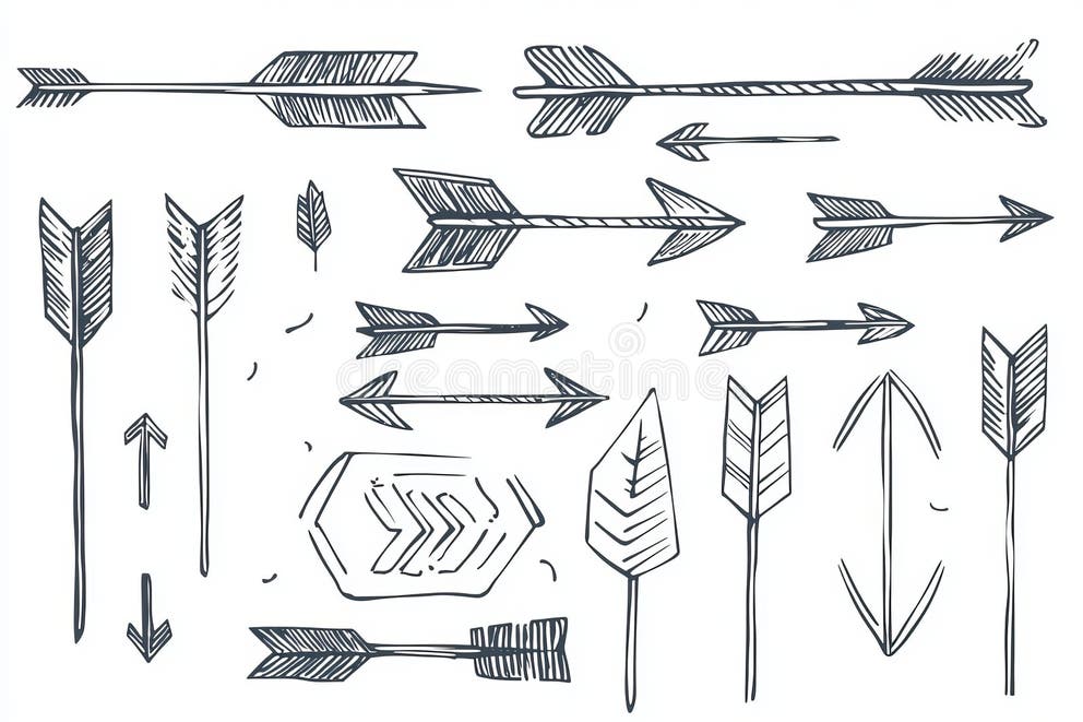 Collection of Three-dimensional Arrows in Doodle Sketch Style with ...