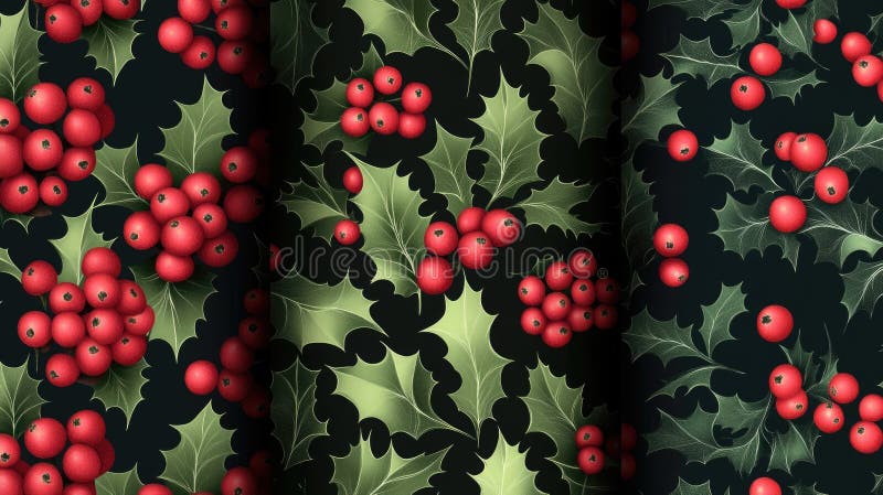 A Collection of Three Distinct Holly Leaf Patterns Featuring Red ...