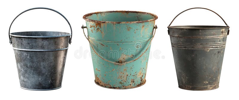 A Collection of Three Metal Buckets, Each with Unique Weathered and ...