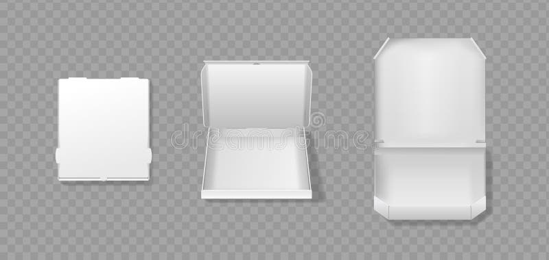 Collection of Three White Pizza Boxes, Closed, Partially Open and Fully ...