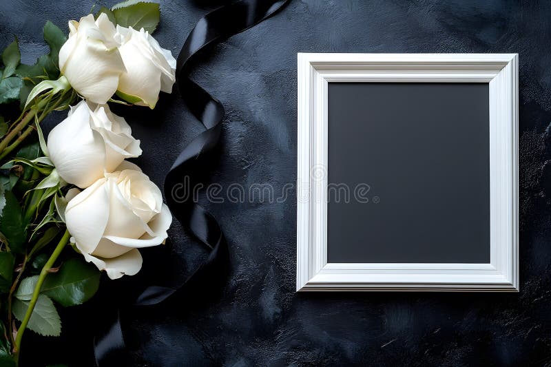 A Collection of Three White Roses Rests beside an Empty Picture Frame ...
