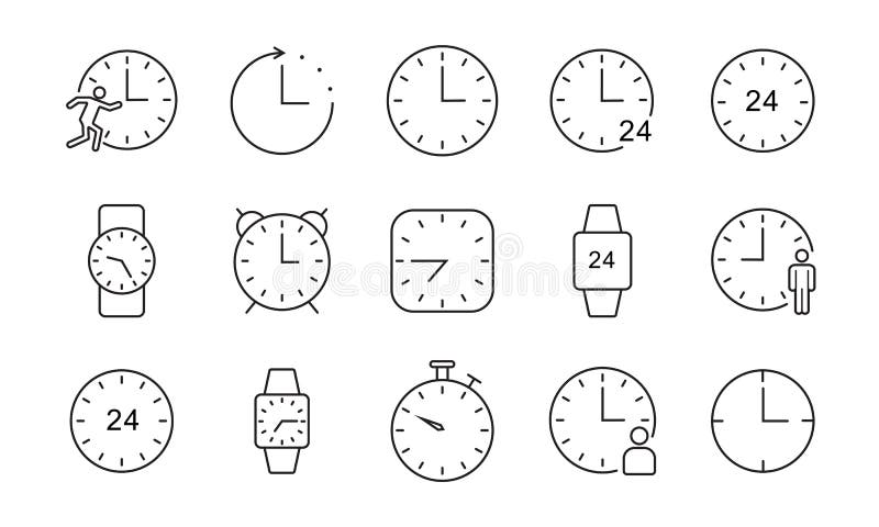 Collection of Time and Clock in Stroke Line Art Minimalist Design Stock ...
