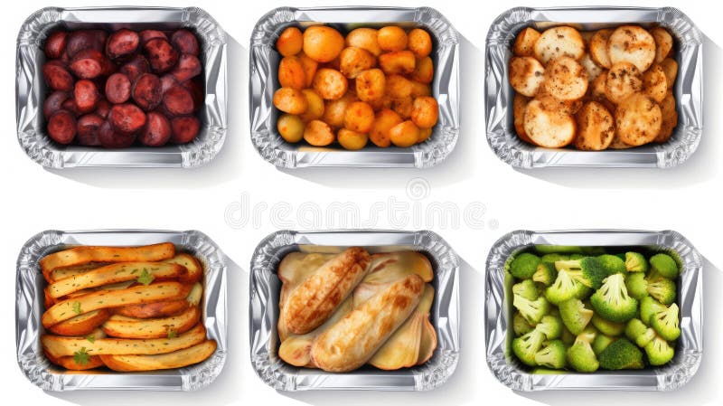 Collection of Tin Foil Containers Filled with Different Types of Food ...