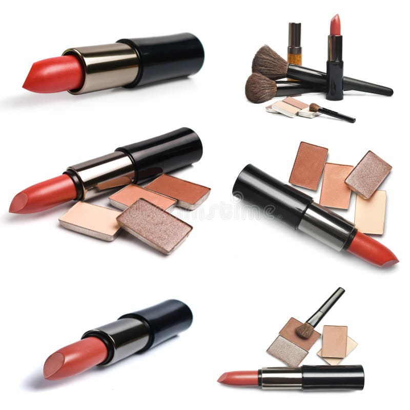 Collection of Tools for Make-up. Lipstick, Shadows and Brushes on a ...