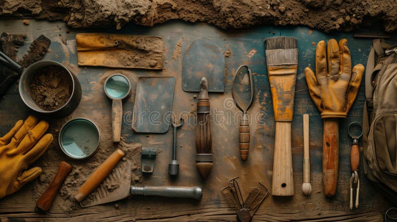 A Collection of Tools Used for Archaeological Excavation, Laid Out on a ...