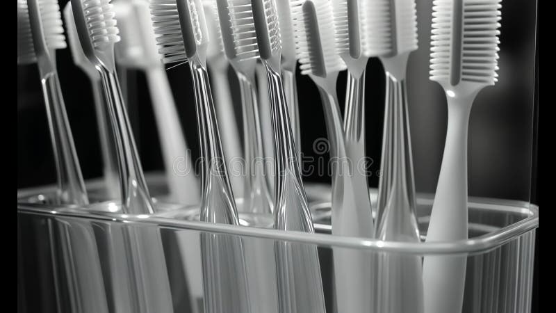 A Collection of Toothbrushes Stored in a Transparent Container Stock ...