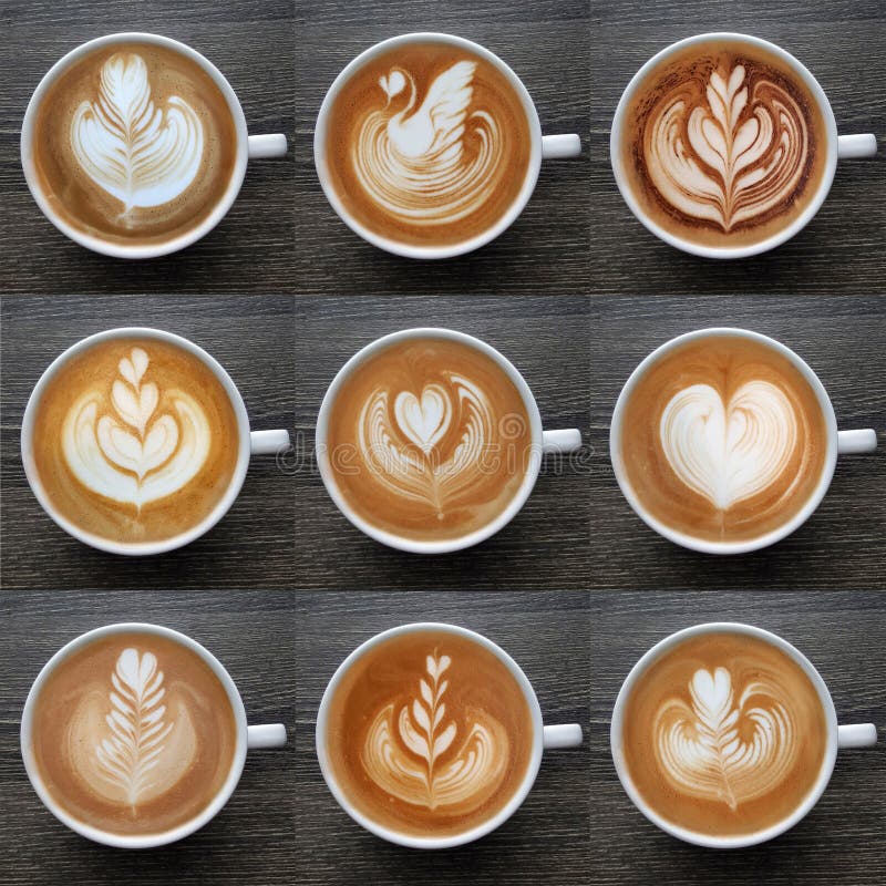 Collection of Top View of Latte Art Coffee Mugs. Stock Image - Image of ...
