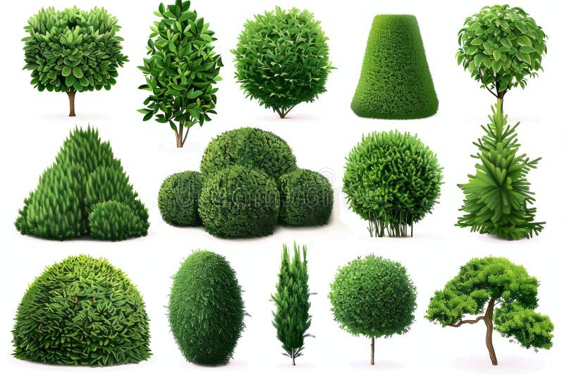 Collection of Topiary Bushes in Various Shapes and Sizes, Isolated on ...