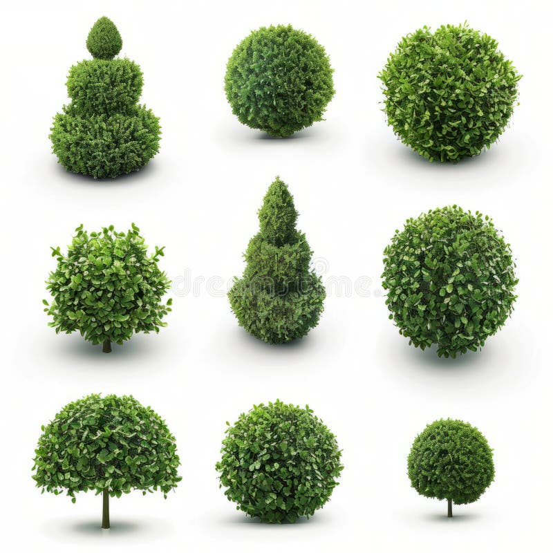 Collection of Topiary Bushes in Various Shapes and Sizes, Isolated on ...