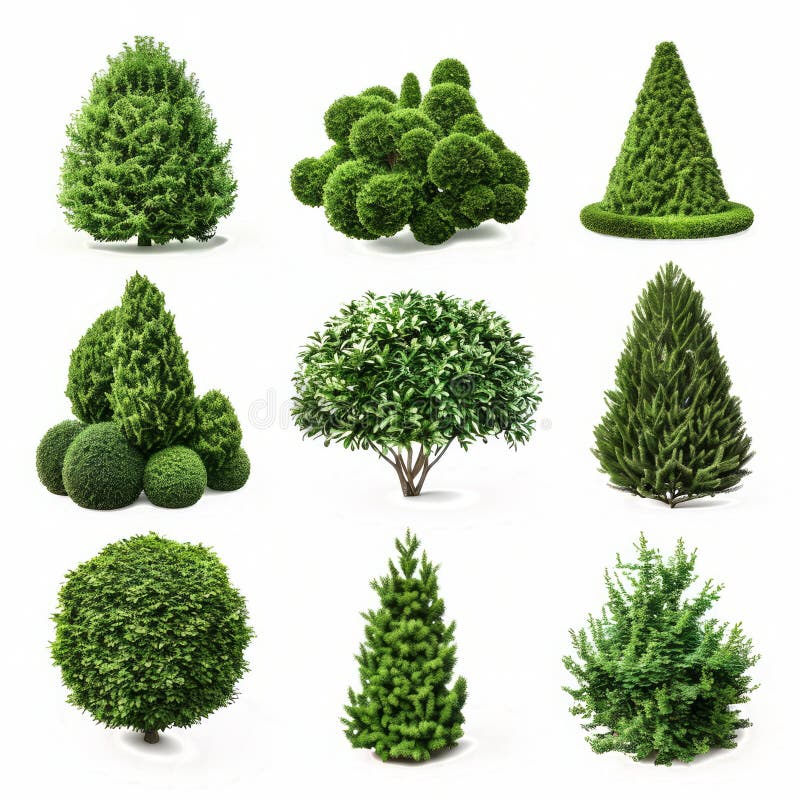 Collection of Topiary Bushes in Various Shapes and Sizes, Isolated on ...