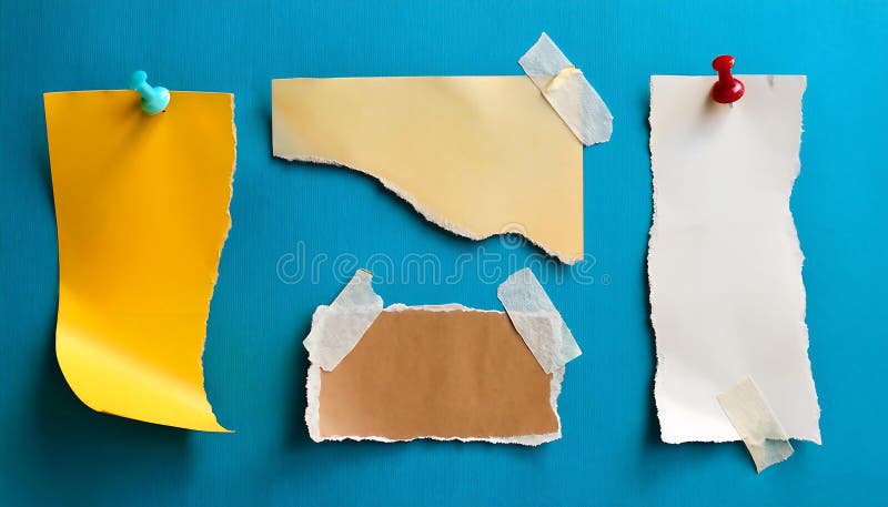 Collection of Torn Paper Notes, Taped and Pinned, on a Blue Background ...