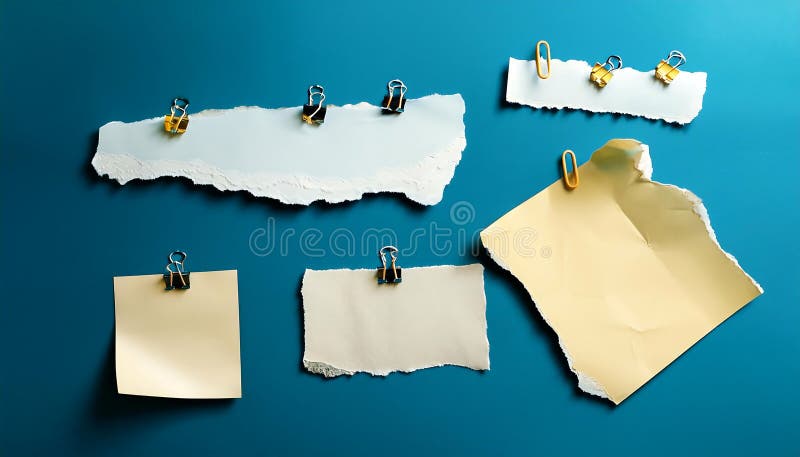 Collection of Torn Paper Notes, Taped and Pinned, on a Blue Background ...
