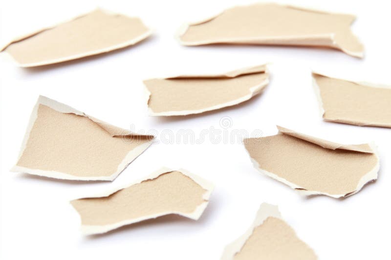 A Collection of Torn Paper Pieces Scattered on a White Surface Stock ...