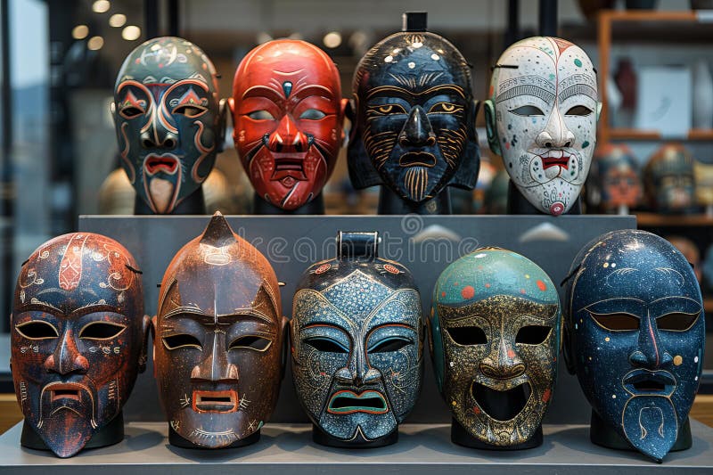 A Collection of Traditional Korean Folk Masks are Displayed in an Array ...
