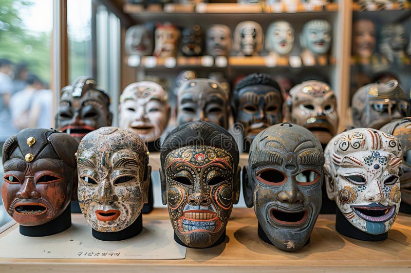 A Collection of Traditional Korean Folk Masks are Displayed in an Array ...