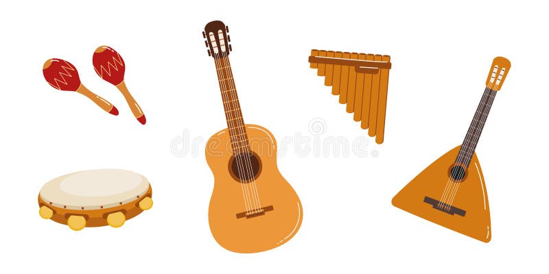 Collection of Traditional Musical Instruments Displayed on a White ...