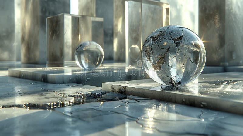A Collection of Transparent Spheres on Reflective Surfaces in a Surreal ...