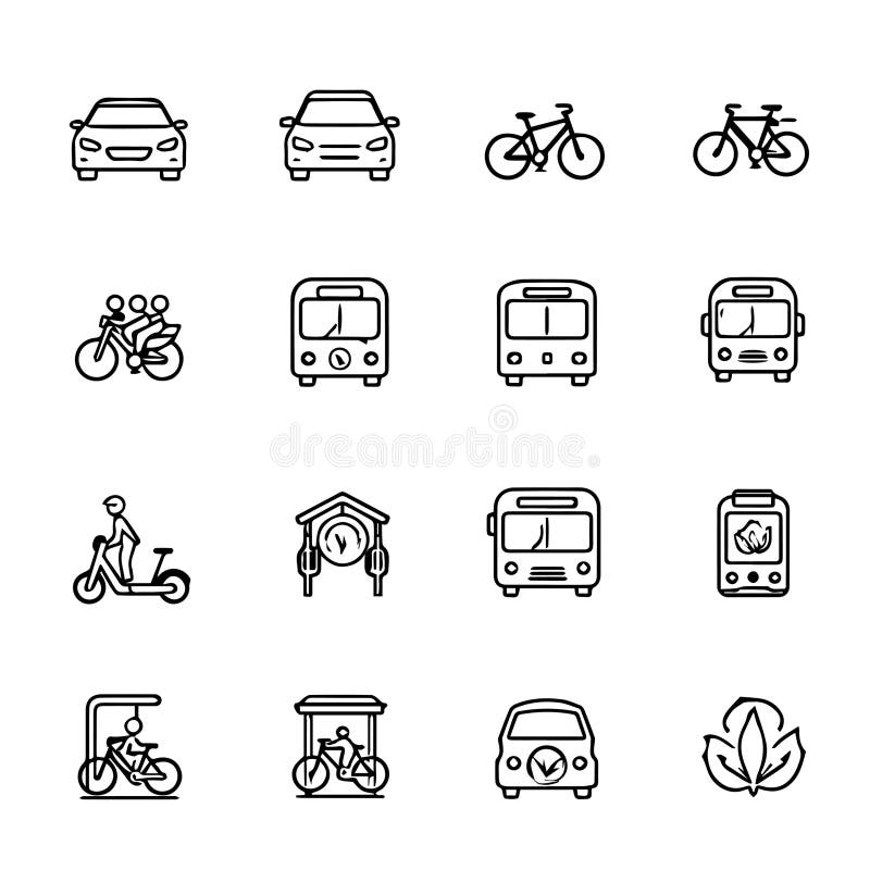 Depiction of Various Modes of Transportation and Structures Set of Icon ...
