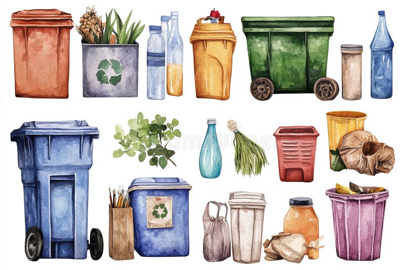 A Collection of Trash Cans and Bottles, Including a Blue Recycling Bin ...