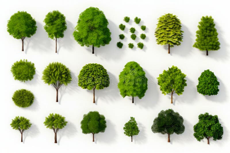 Collection of Trees and Shrubs Arranged in Grid Pattern on White ...