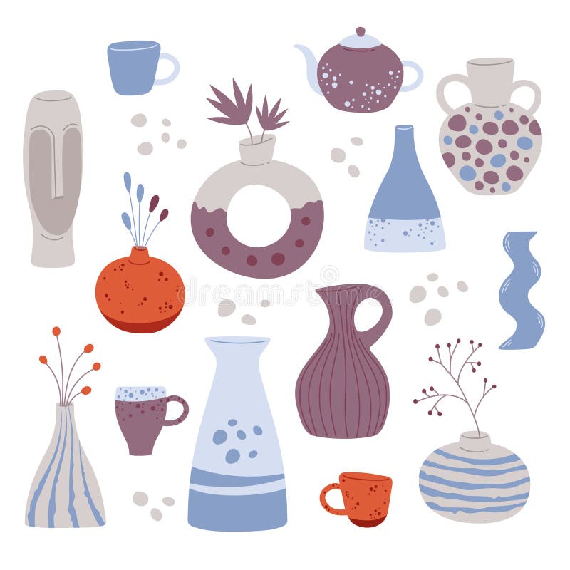Collection of Trendy Ceramic Vases. Vector Pottery, Hand Drawn ...