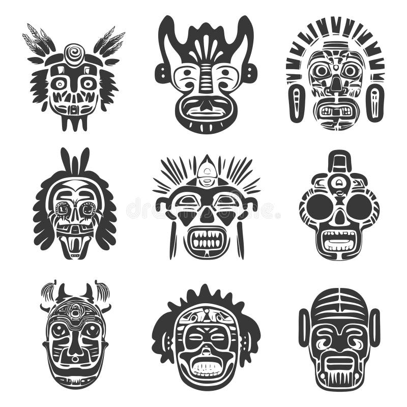 Collection of Nine Tribal Masks Ancient Native American Art Style ...