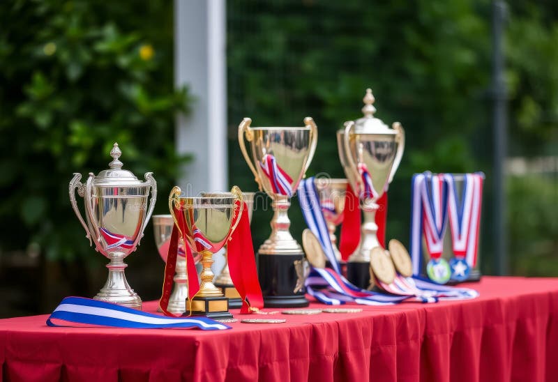Collection of Trophy Cups and Medals on the Table, Success and Sport ...