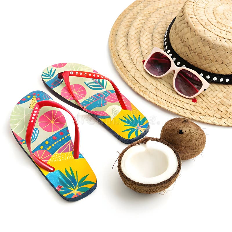 Tropical Beach Accessories Isolated on White Background Stock ...