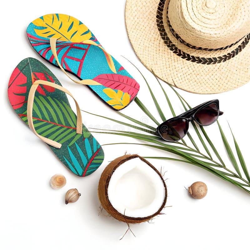 Tropical Beach Accessories Isolated on White Background Stock ...