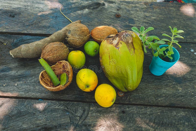 Collection of Tropical Fruits - Coconut, Mango, Yuca Stock Photo ...