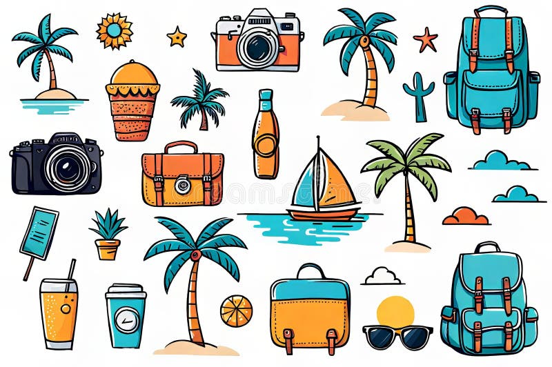 Collection of Tropical Themed Items Including a Camera, a Backpack ...