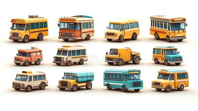 Collection of Twelve Diverse Cartoon-style Buses, Vans, and Trucks on ...