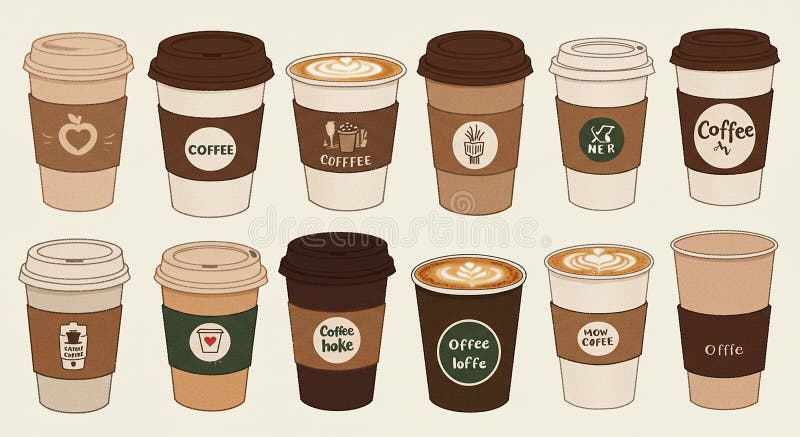 A Collection of Twelve Illustrated Coffee Cups, Each Featuring a Unique ...