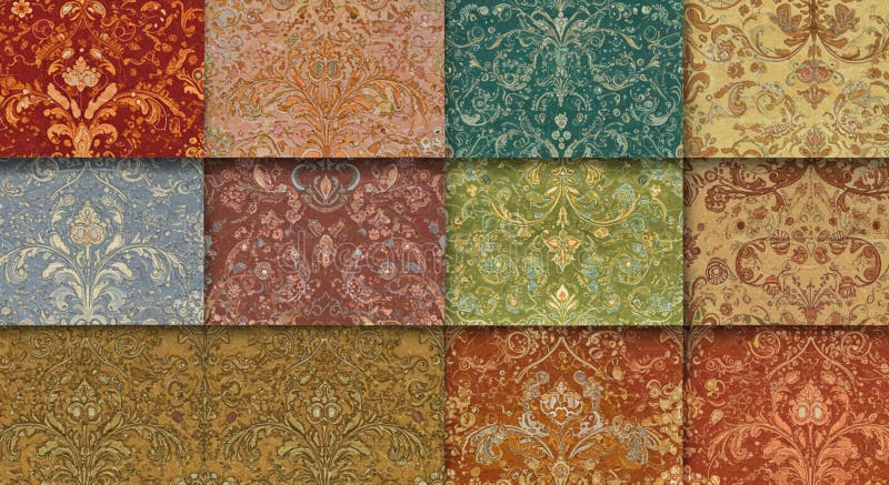 A Collection of Twelve Ornate Damask Patterns Arranged in a Grid Stock ...