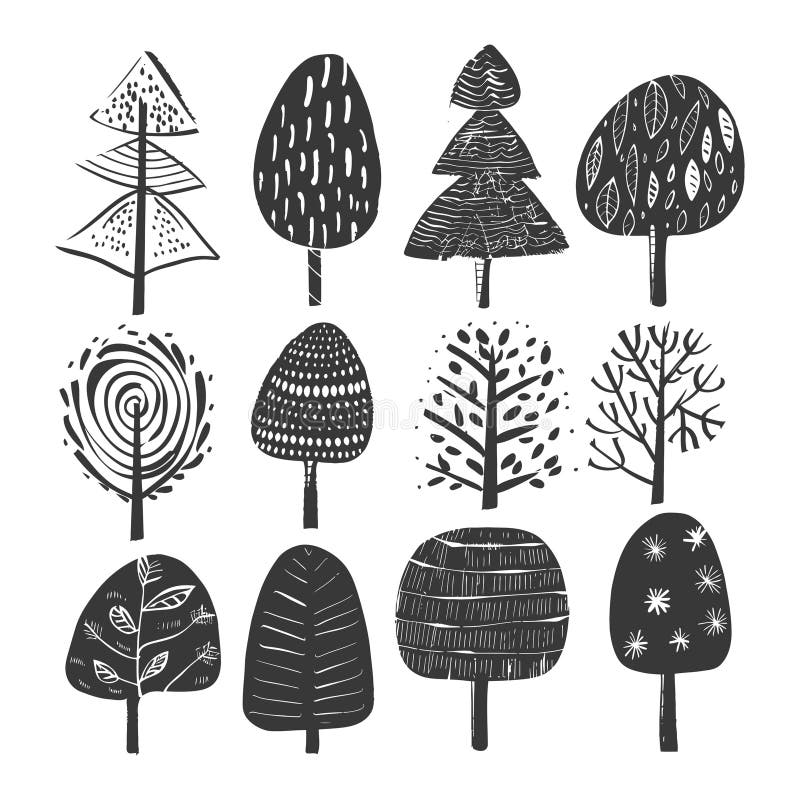 Collection of Twelve Stylish Black and White Trees, Hand-Drawn Forest ...