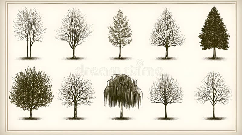 A Collection of Twelve Tree Silhouettes. Stock Photo - Image of flora ...