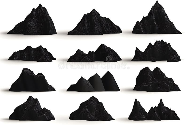 Twelve Abstract Black Mountain Range Illustrations Low Poly 3D Design ...