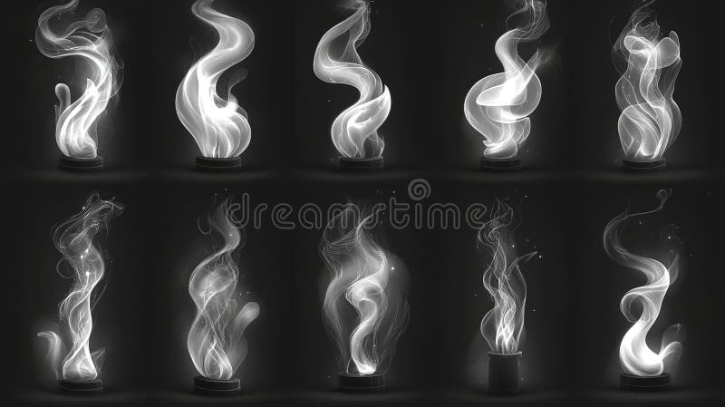 Collection of Twelve White Glowing Abstract Flame Effects on Dark ...