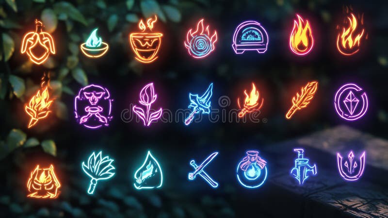 Collection of Unique Glowing Neon Symbols Against a Dark Background ...