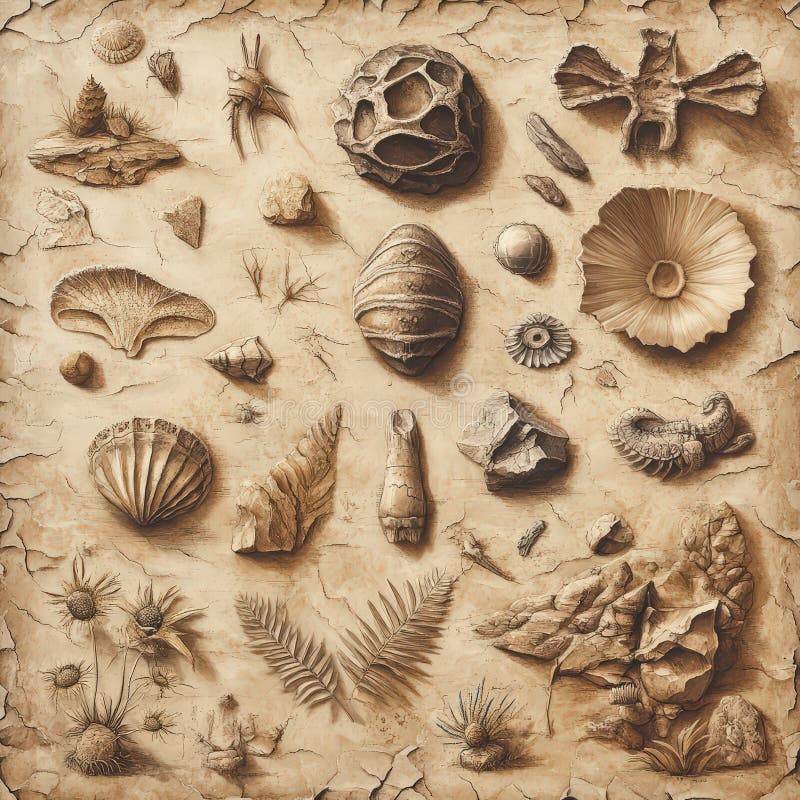 Collection of Unique Shells and Fossils on Textured Surface Background ...