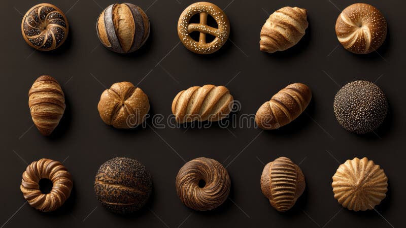 A Collection of 20 Uniquely Shaped Bread Rolls, Arranged on a Dark ...
