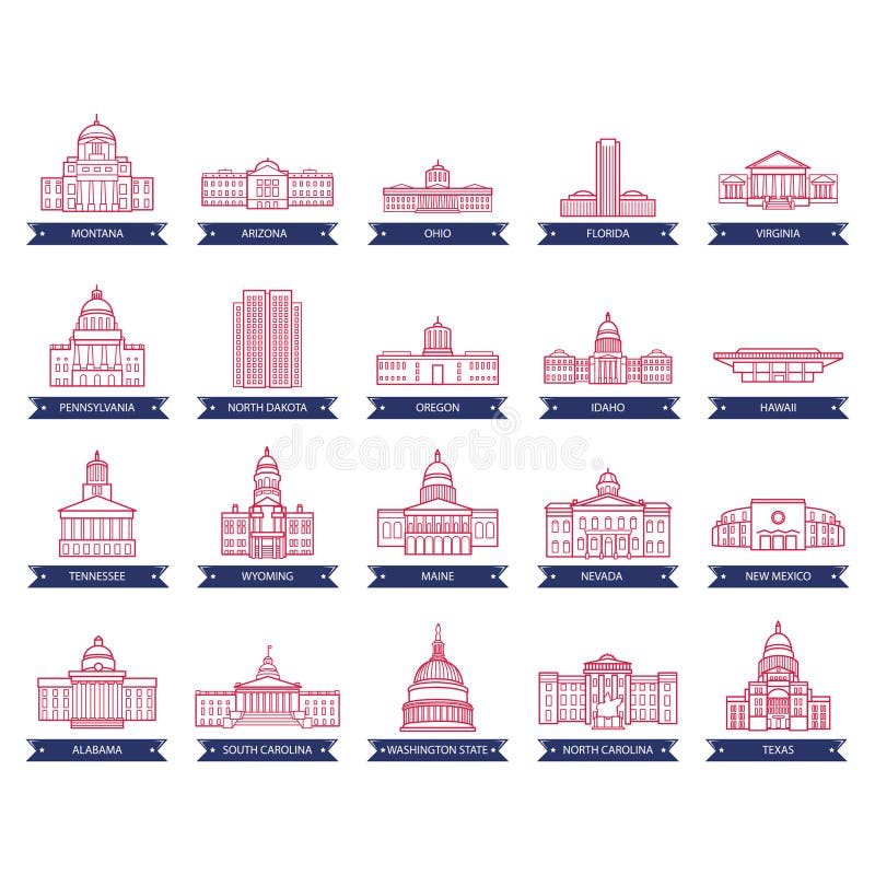 Collection of Usa State Capitol Buildings. Vector Illustration ...