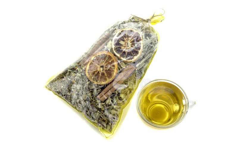 Collection Useful Herbs for Tea in a Package and a Cup of Brewed Tea ...
