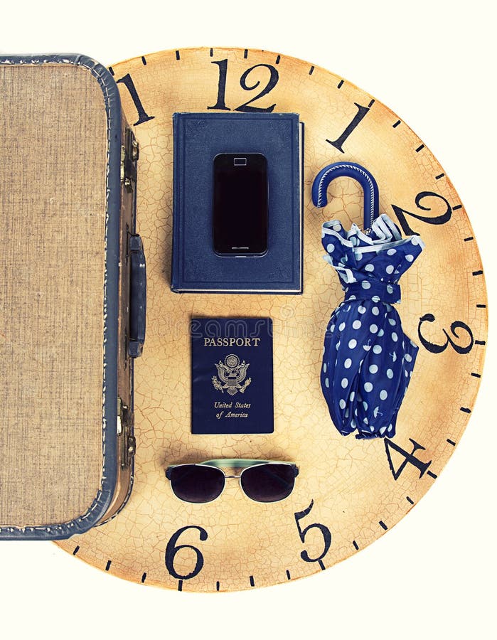 Collection of Vacation Travel Items on Clock Stock Image - Image of ...