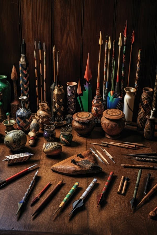 A Collection of Various Arrow Types on a Wooden Table Stock ...