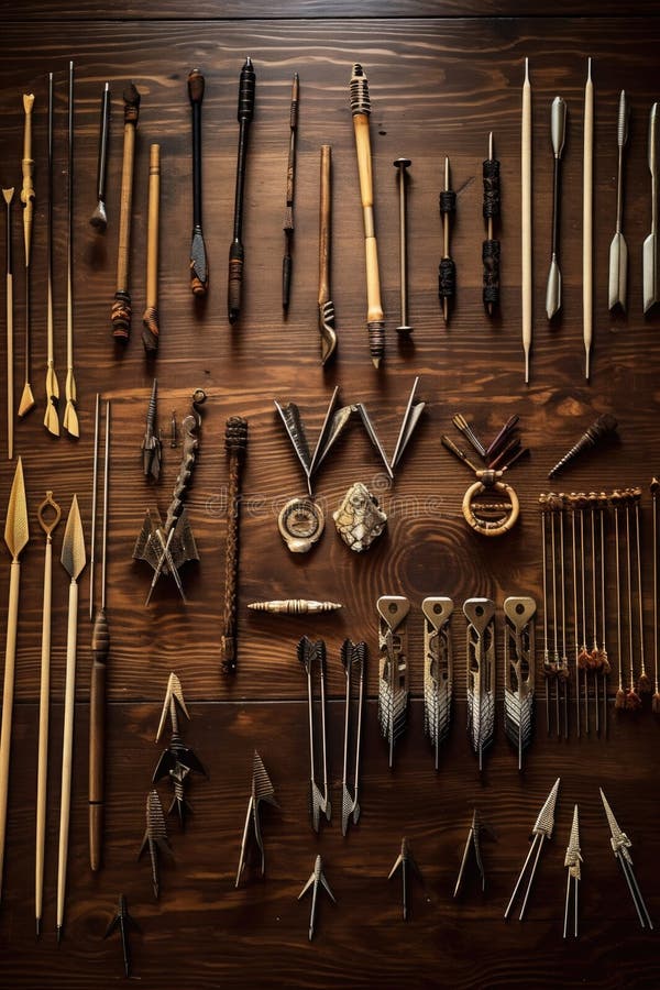 A Collection of Various Arrow Types on a Wooden Table Stock ...