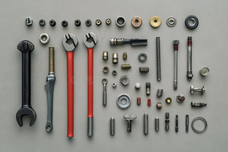Collection of Various Automotive Tools and Parts Displayed on a Grey ...