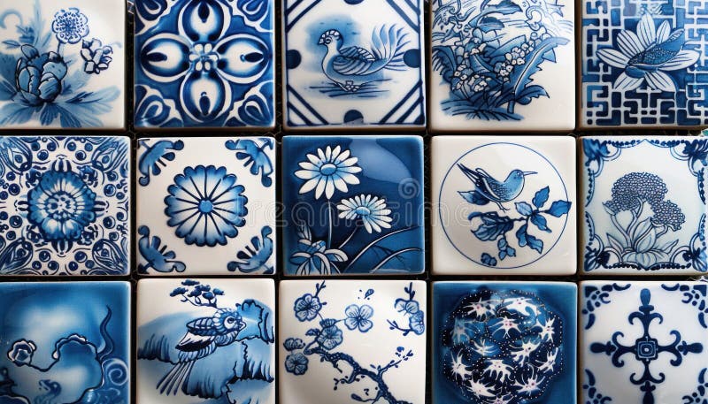 A Collection of Various Blue and White Tiles Adorned with Different ...