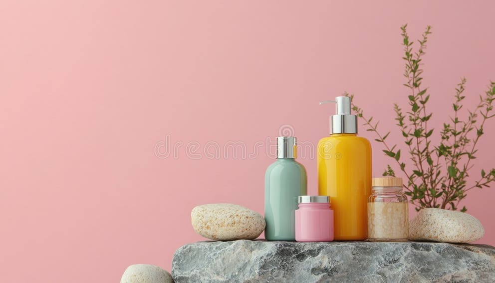 A Collection of Various Bottles is Resting on Top of a Sturdy Rock in ...