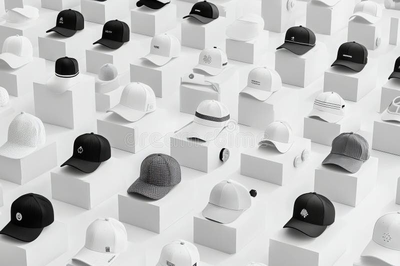 Display of Stylish Caps Arranged Neatly on Shelves in a Monochrome ...
